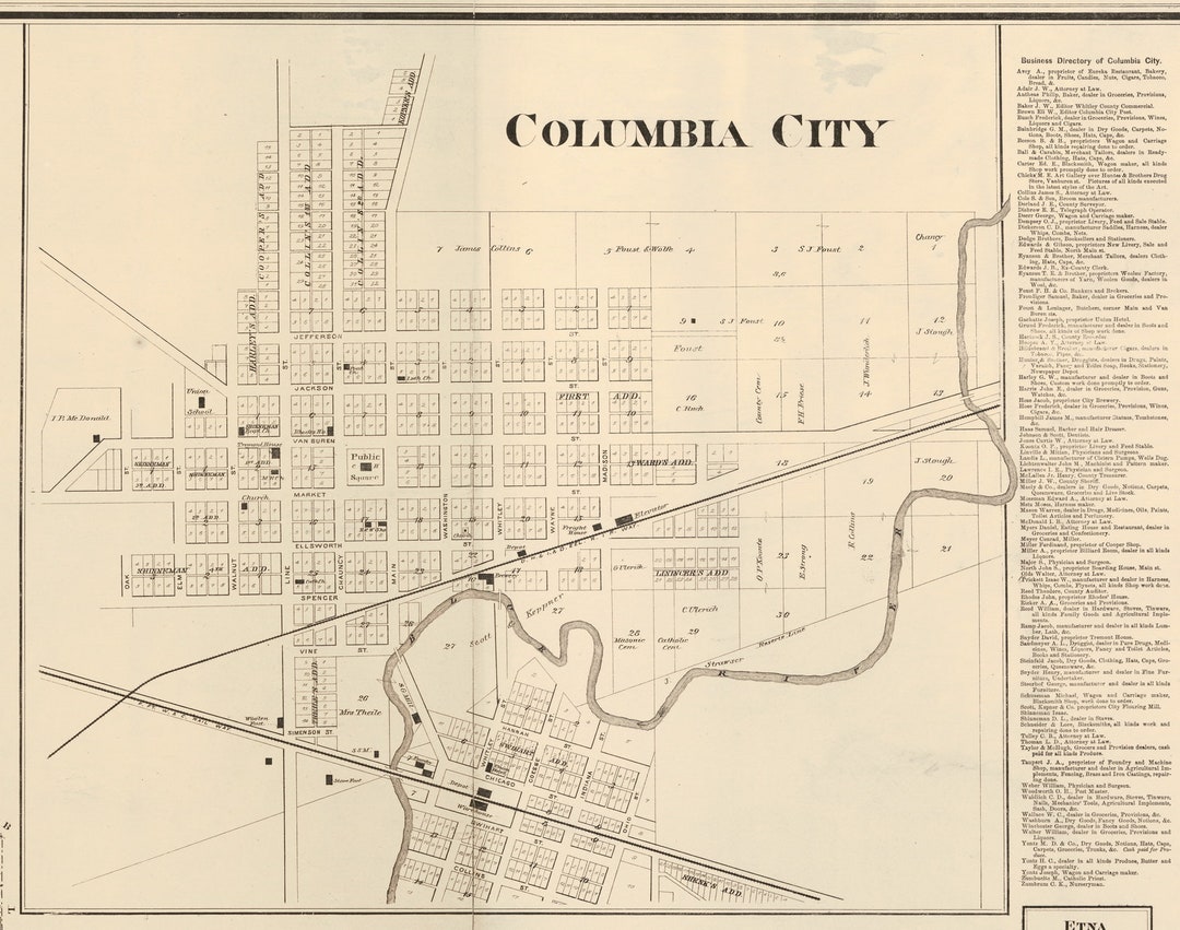 Columbia City 1873 Old Town Map With Homeowner Names Indiana - Reprint ...