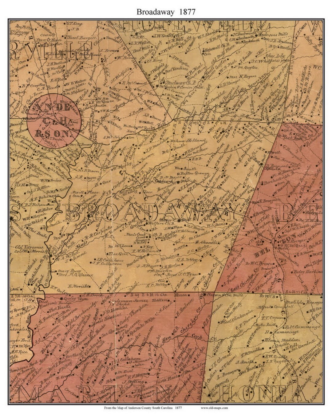 Broadway 1877 Old Town Map With Homeowner Names South Carolina Anderson ...