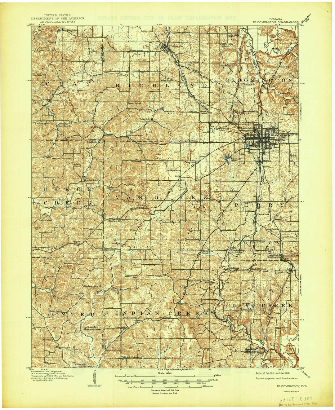 Bloomington 1910 (1948) Old Topo Map Ellestville Harrodsburg Indian and ...