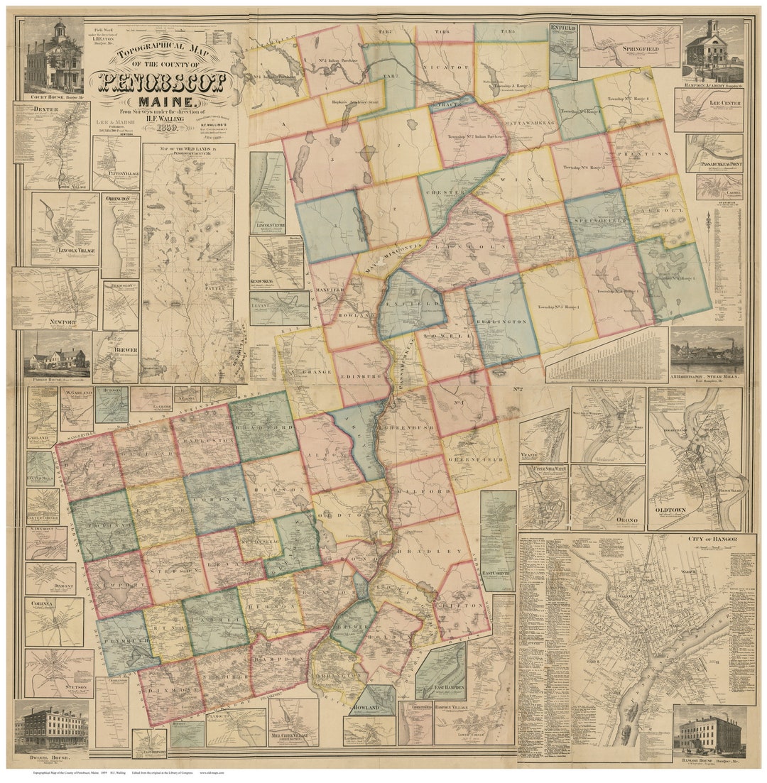 Penobscot County Maine 1859 - Old Wall Map Reprint With Homeowner Names ...
