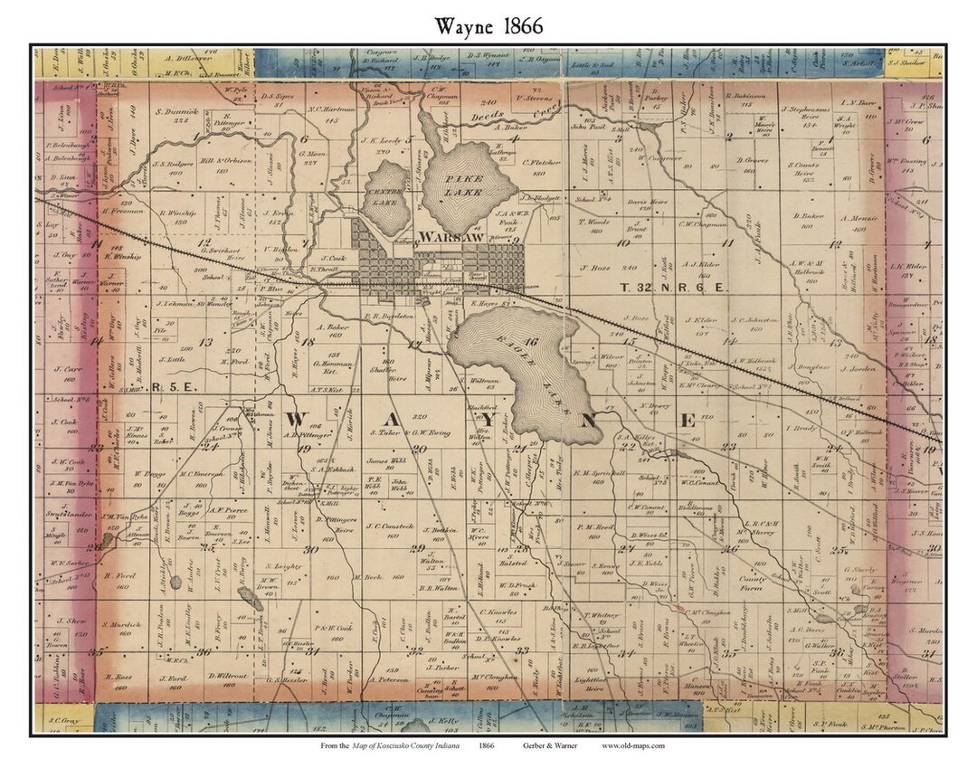 Wayne 1866 Old Town Map With Homeowner Names Indiana Warsaw Eagle Lake ...