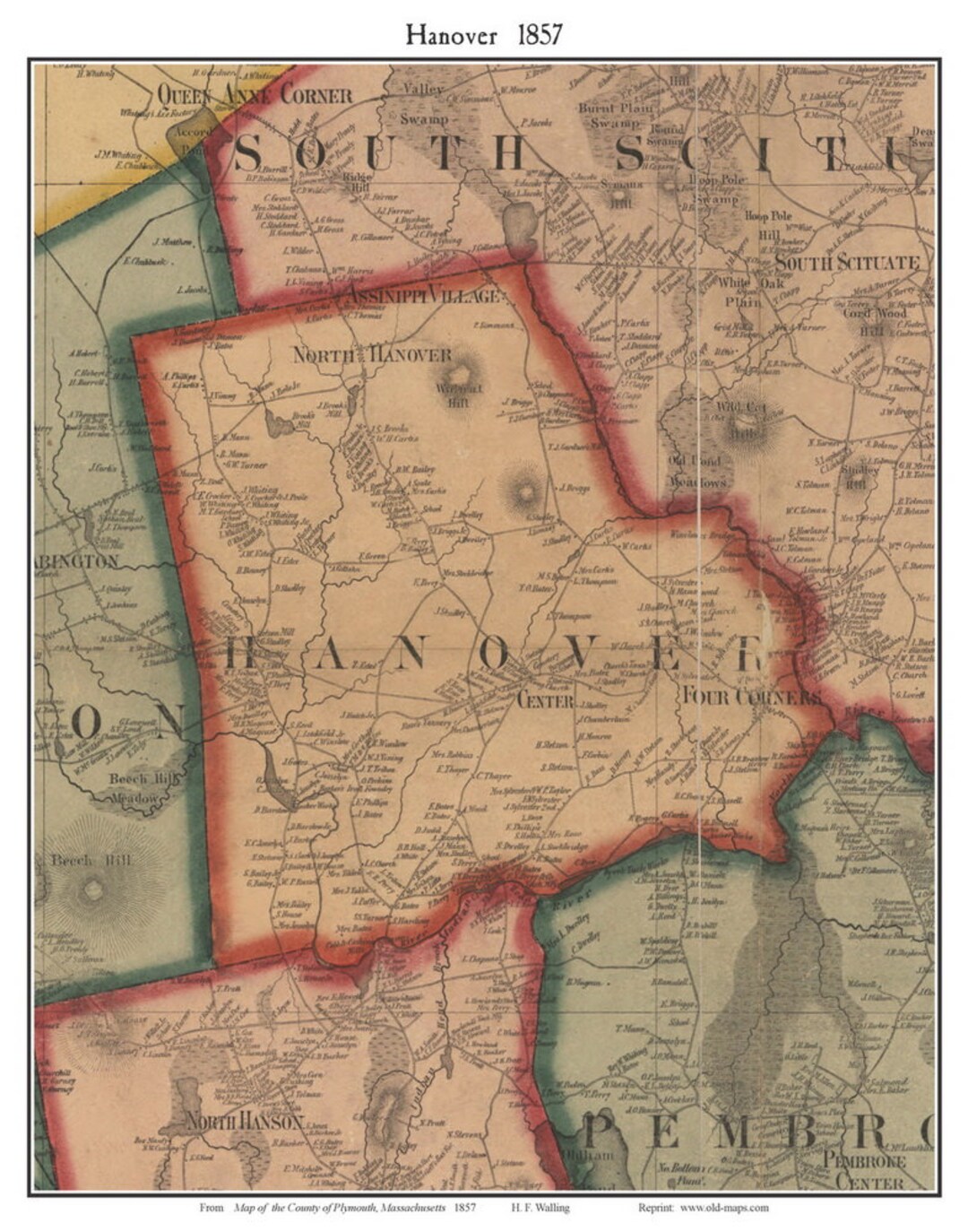 Hanover 1857 Old Town Map With Homeowner Names Massachusetts Four ...