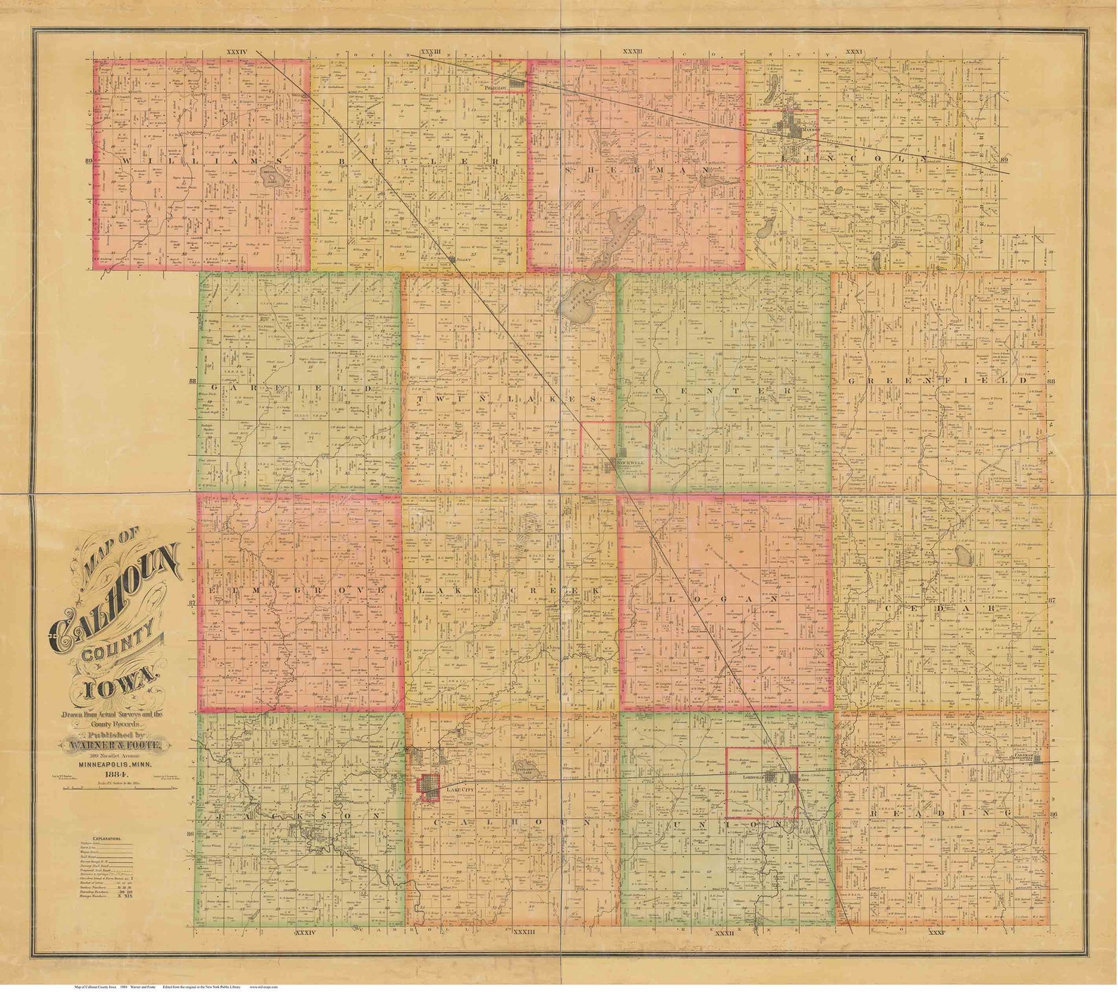 Calhoun County Iowa 1884 Old Wall Map With Landowner Names Farm Lines ...