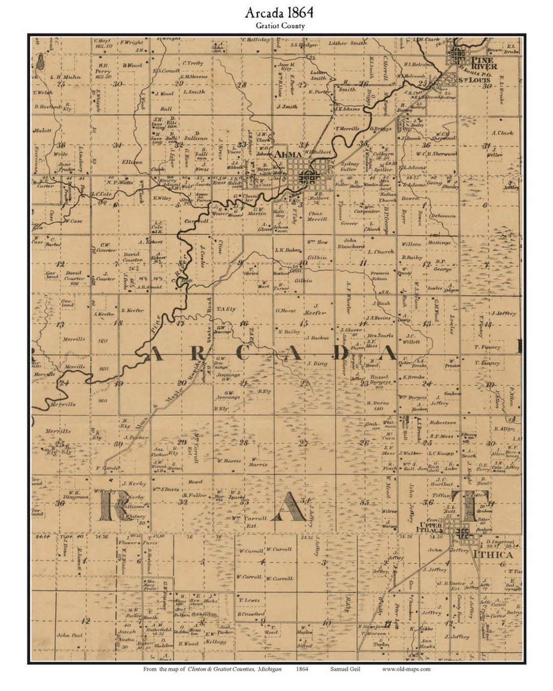 Arcada 1864 Old Town Map With Homeowner Names - Alma, Ithica, Pine ...