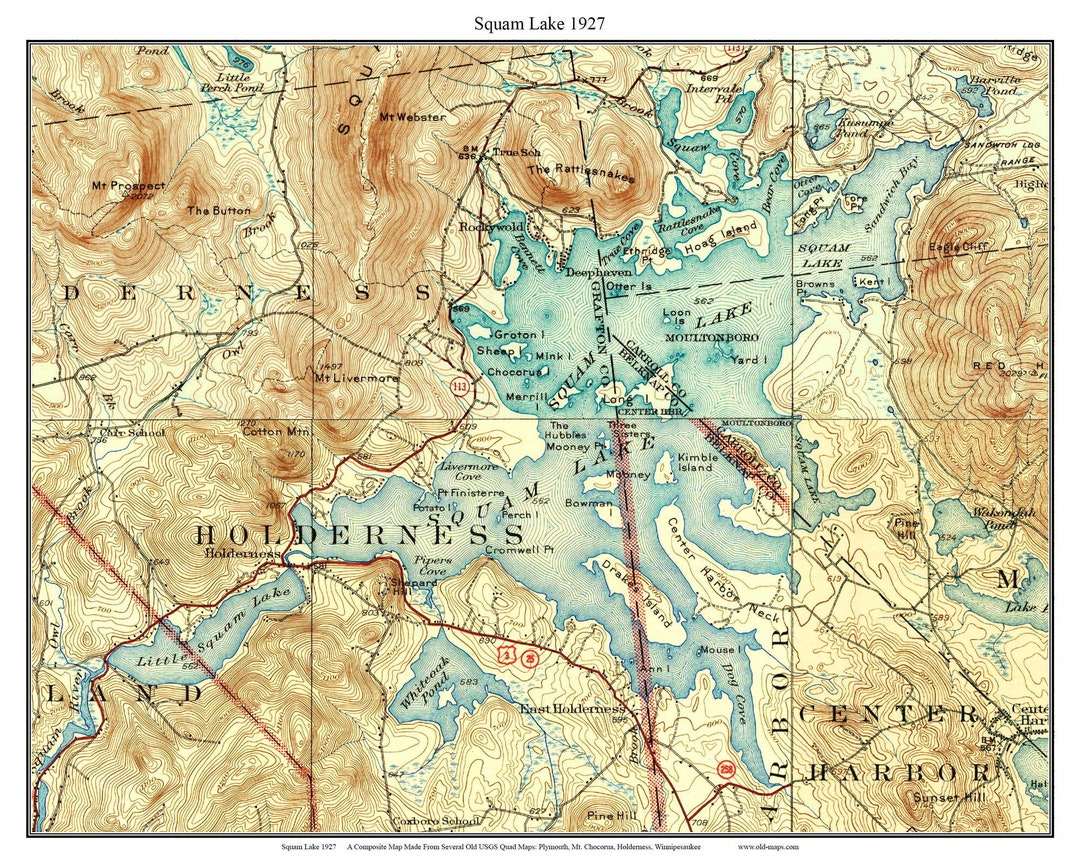 Squam Lake - Ca 1927 Old Topographic Map USGS Custom Composite Reprint ...