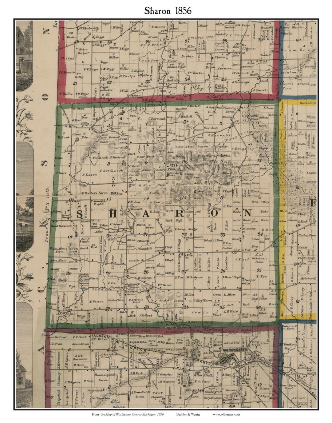 Sharon 1856 Old Town Map With Homeowner Names Michigan - Reprint ...