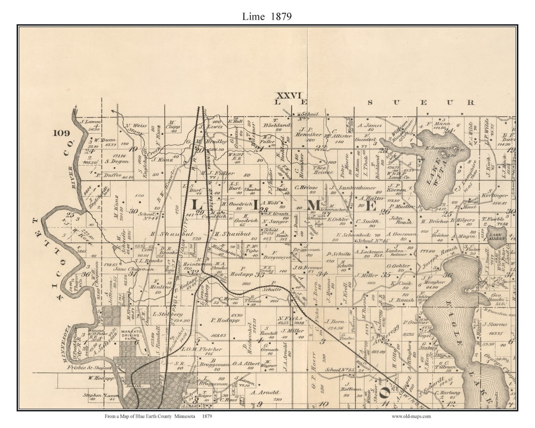 Lime 1879 Old Town Map With Homeowner Names - Minnesota - Reprint ...