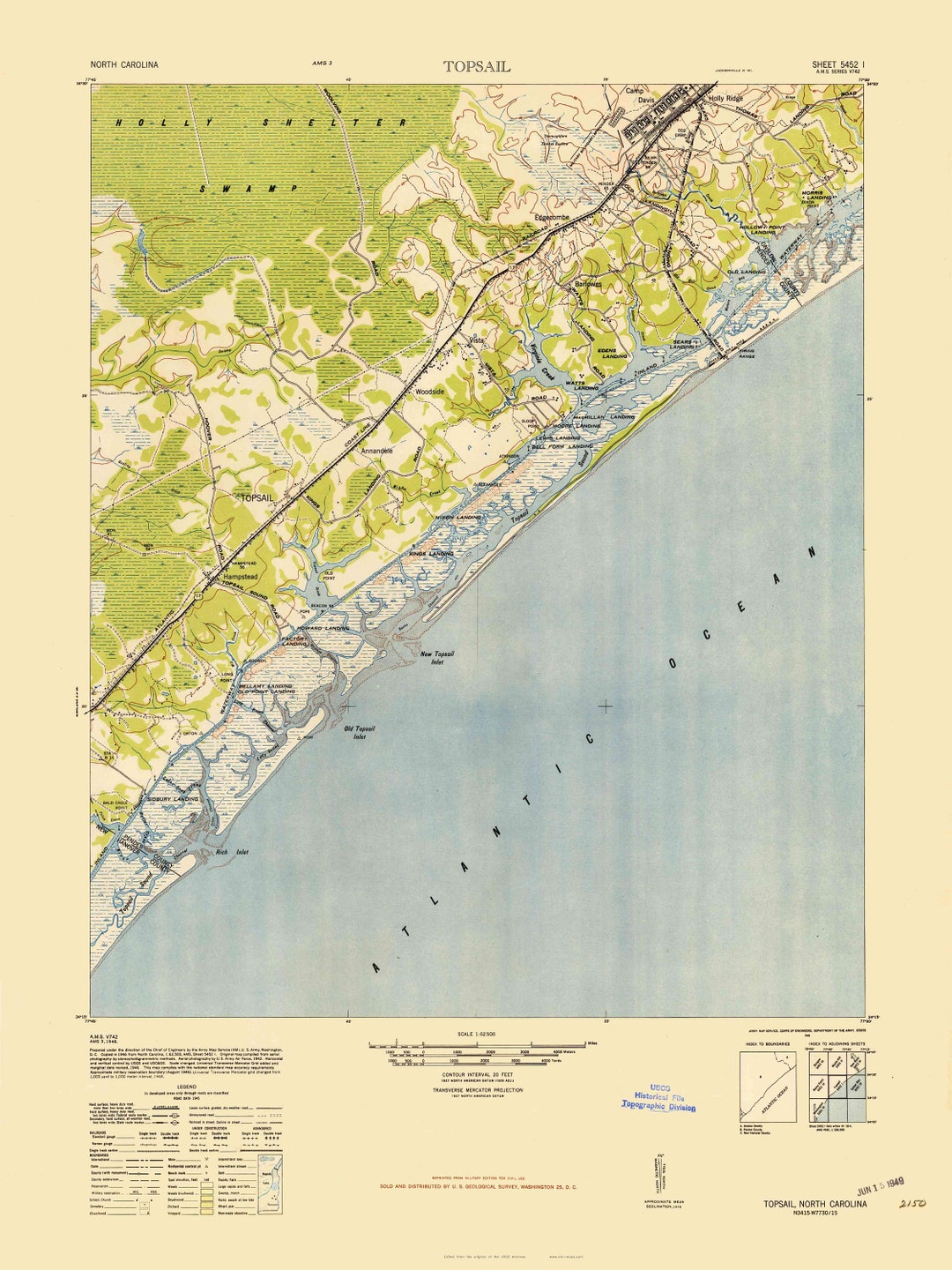 Topsail 1948 (1948a) Old Topo Map - Quad Reprint - 15x15 USGS ...