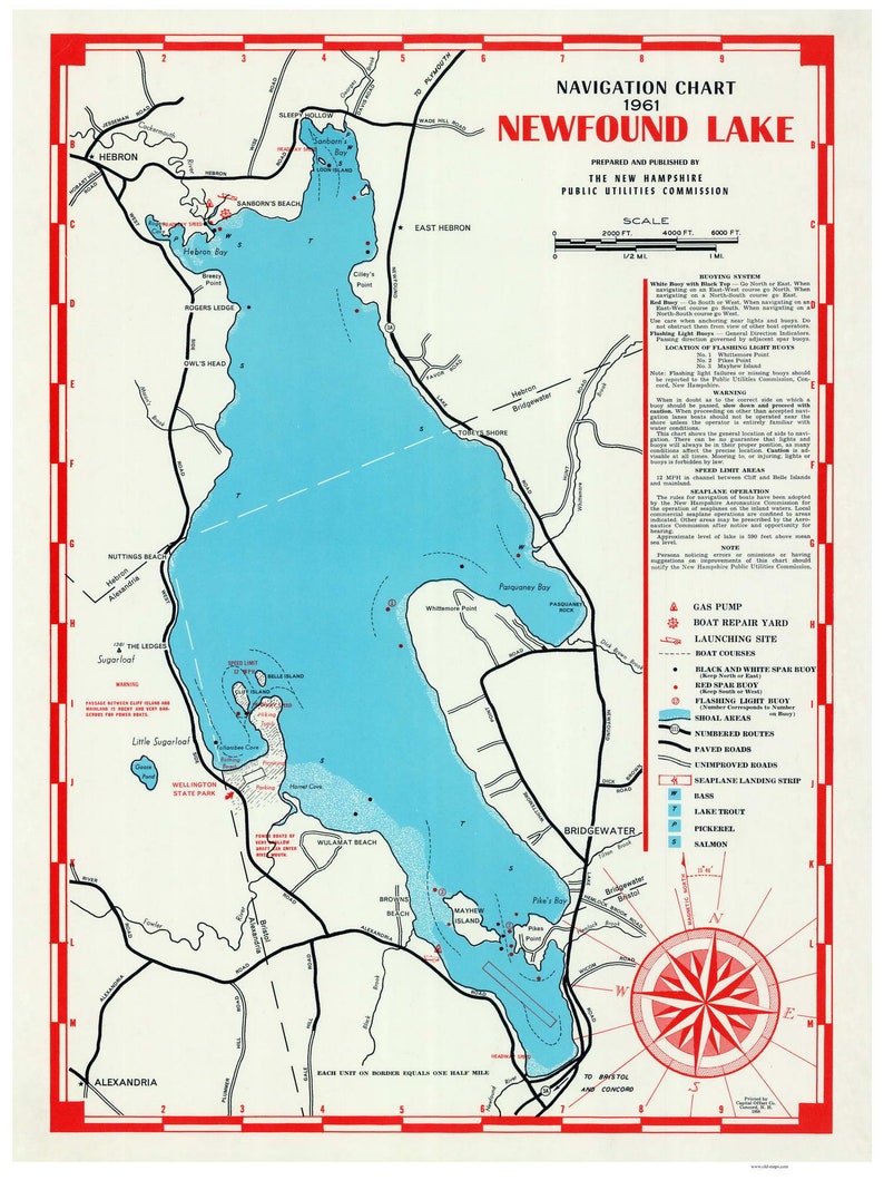 Newfound Lake 1961 Navigation Map New Hampshire - Islands, Coves Named ...