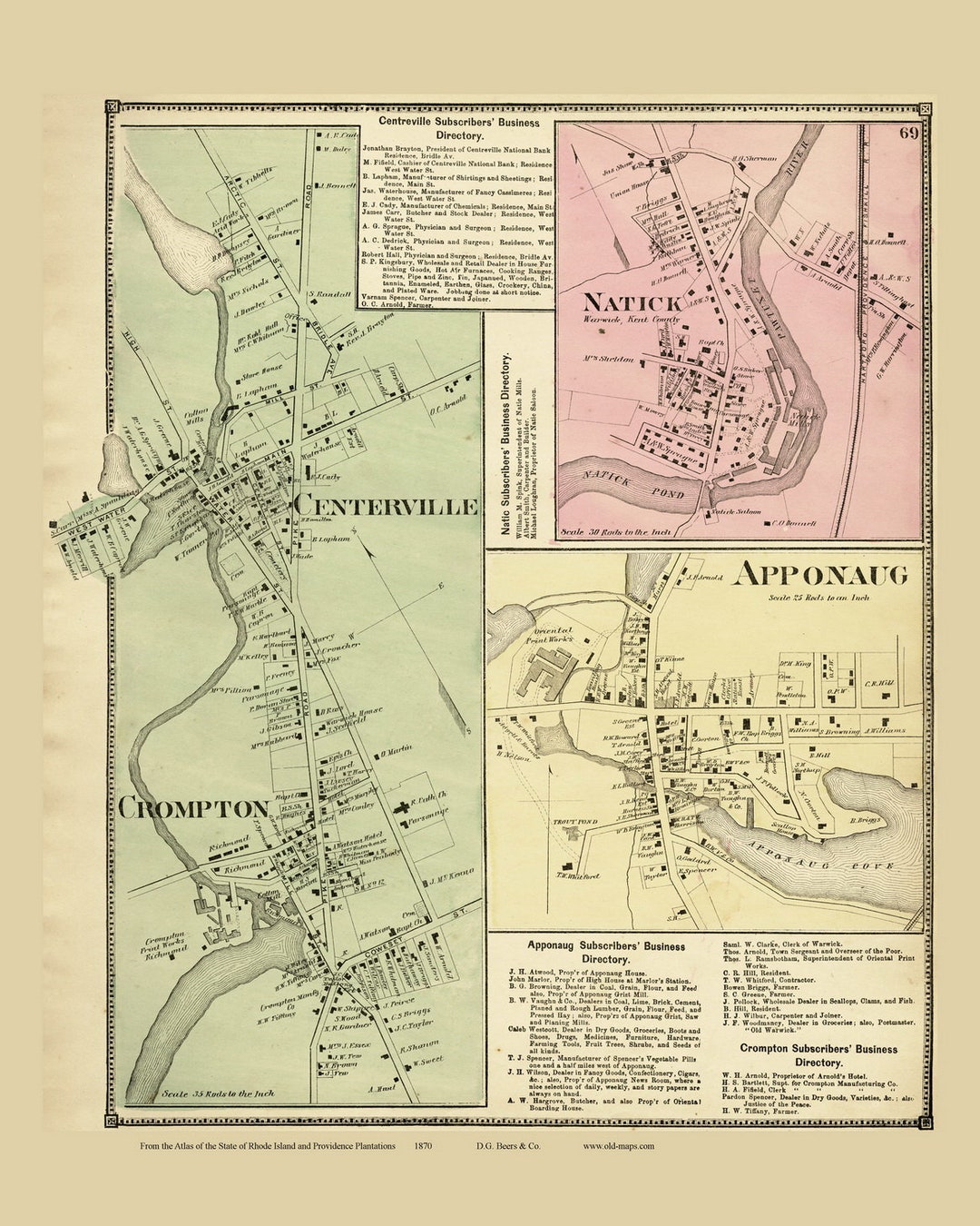 Warwick Rhode Island 1870 Old Town Map Centerville Crompton Apponaug ...