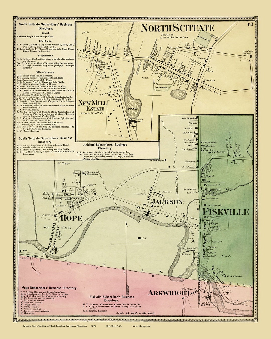 Scituate Villages Rhode Island 1870 Old Town Map North Scituate Hope ...