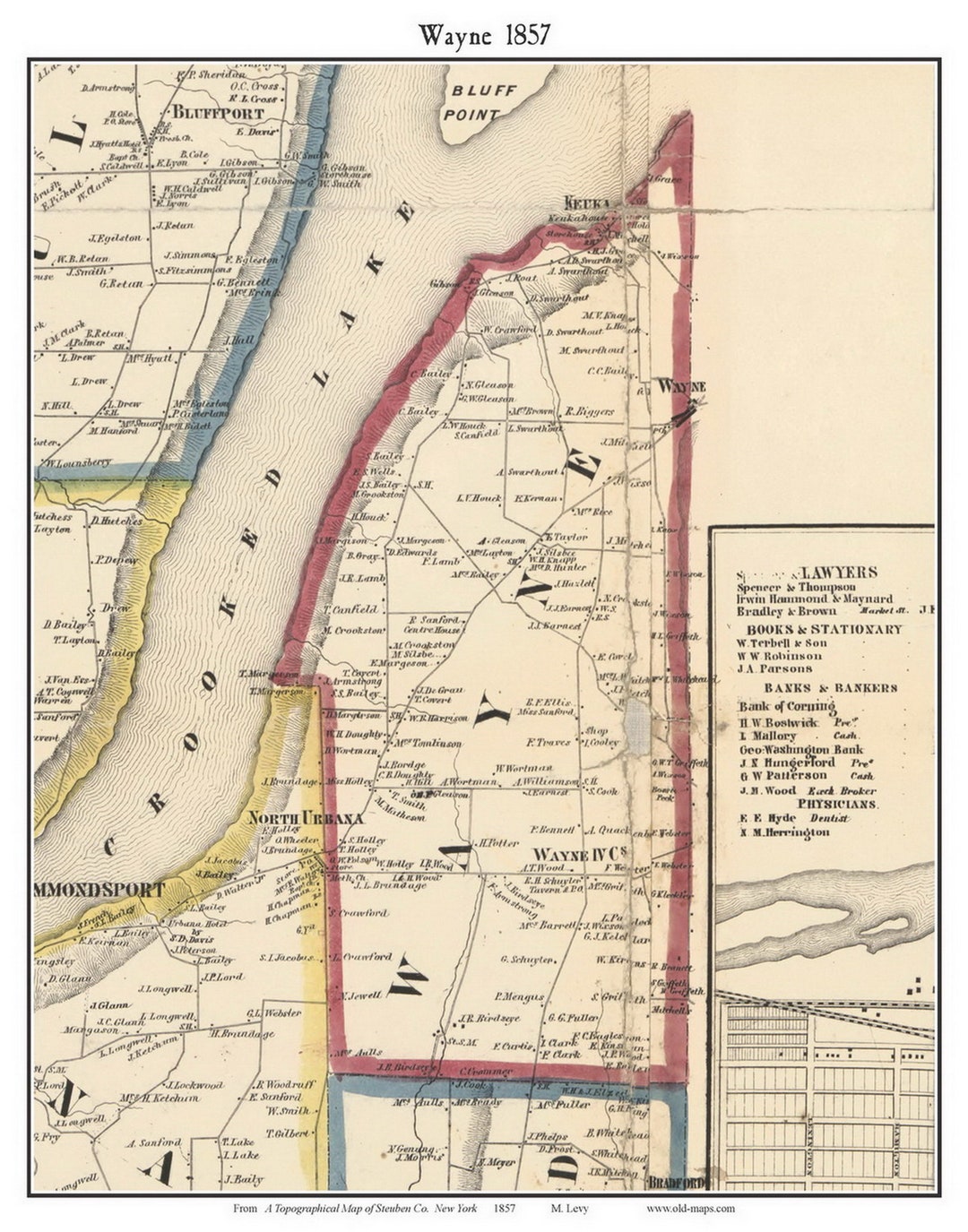 Wayne 1857 Old Town Map With Homeowner Names New York Crooked Lake Keuka - Reprint Genealogy ...