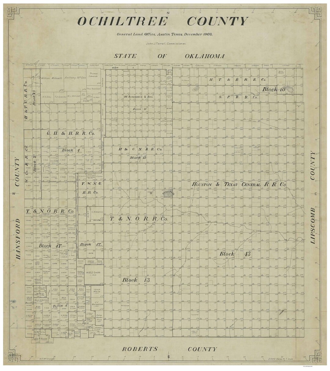 Ochiltree County, Texas - 1908 - Old Wall Map Reprint With Land Owners ...