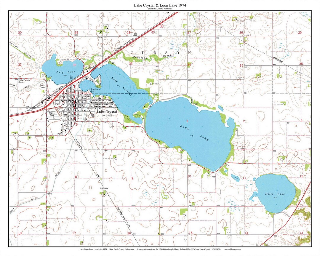 Lake Crystal Loon Lake - 1974 Map Reprint - Old Topographic USGS Custom ...