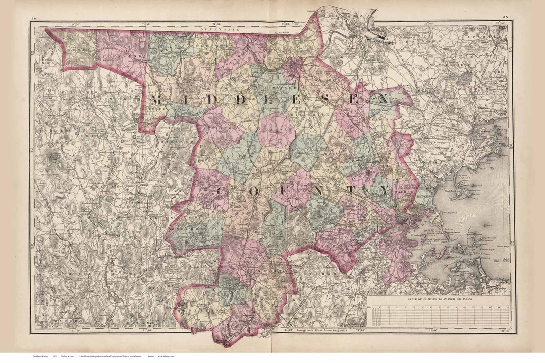 Middlesex County 1871 Map - Walling and Gray Massachusetts State Atlas ...