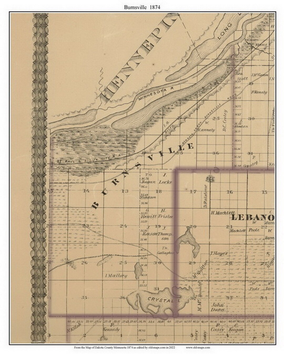 Burnsville 1874 Old Town Map With Homeowner Names - Minnesota- Reprint ...