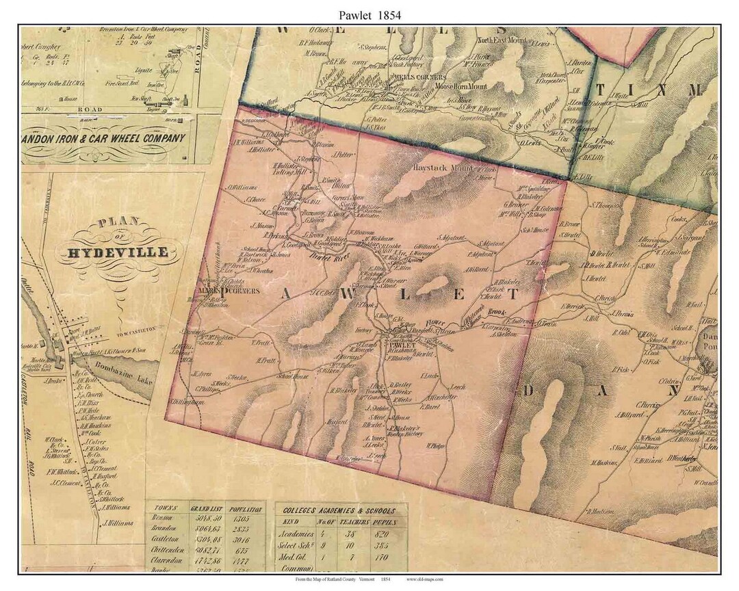Pawlet 1854 Old Town Map With Homeowner Names - Vermont - Rutland ...