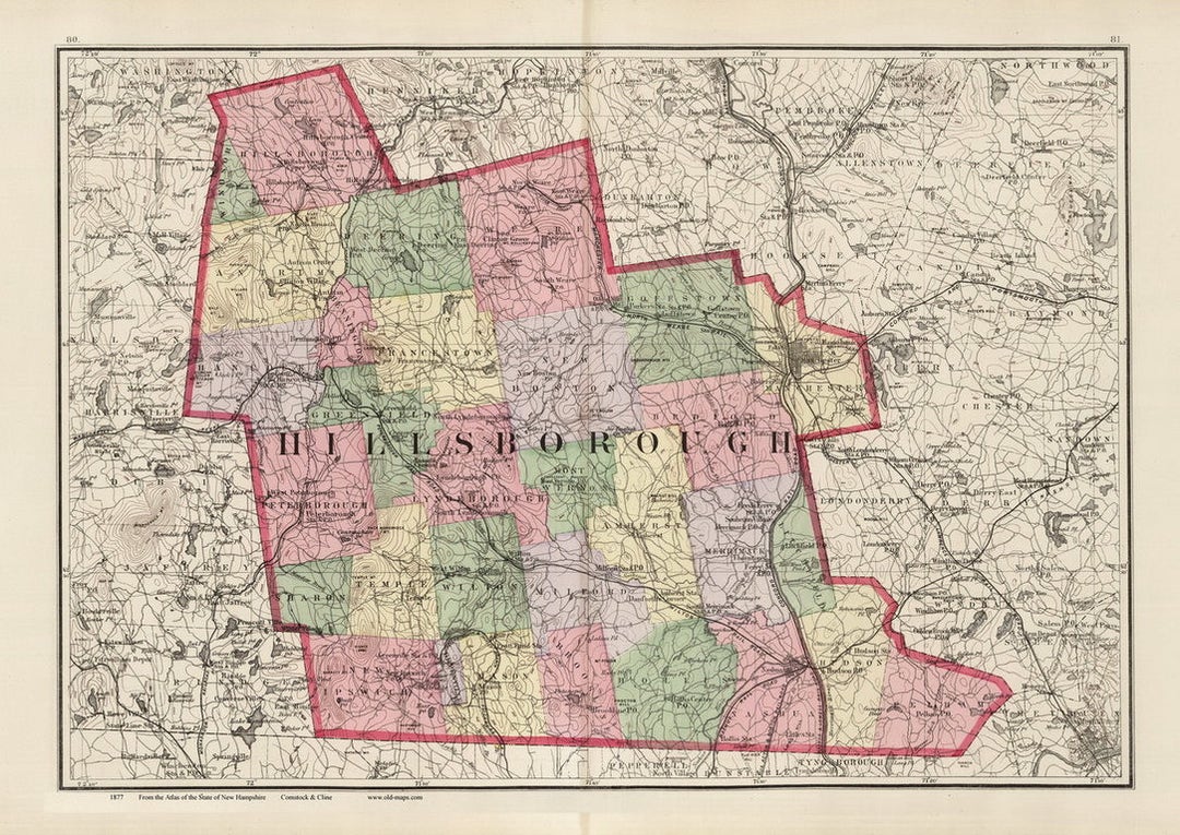 Hillsboro County, NH 1877 Old Map Reprint With Topography, Town ...