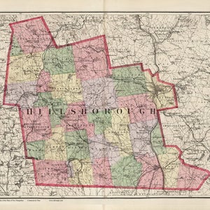 Hillsboro County, NH 1877 Old Map Reprint With Topography, Town ...
