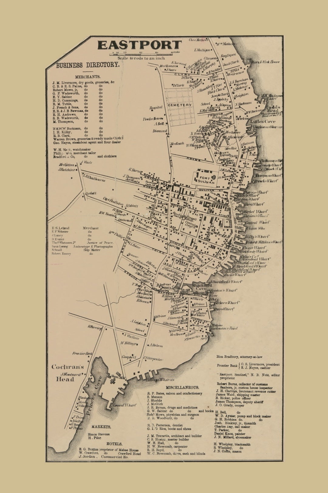 Eastport Village 1861 Old Town Map With Homeowner Names Maine - Reprint ...