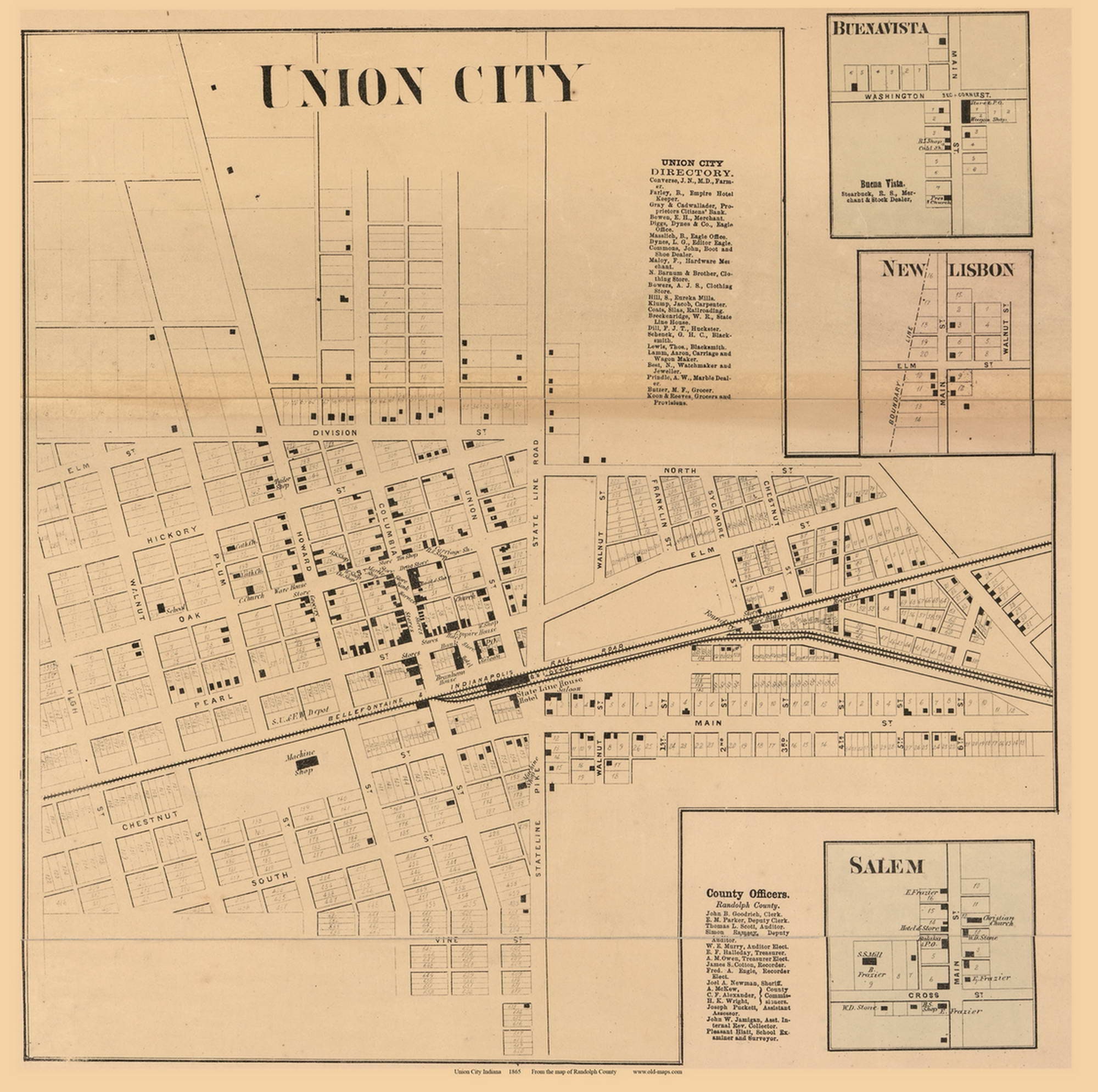 Union City 1865 Old Town Map With Homeowner Names Indiana Wayne ...