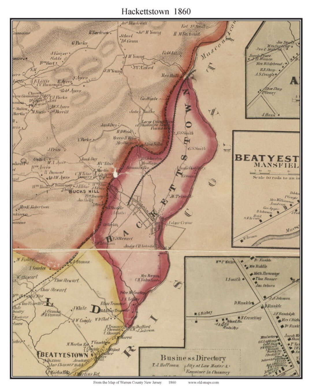 Hackettstown 1860 Old Town Map Custom Print - New Jersey - Warren ...