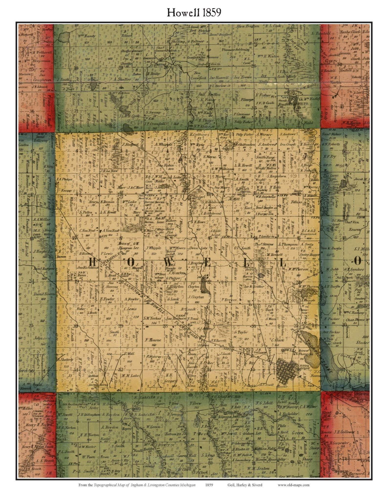 Howell 1859 Old Town Map With Homeowner Names Michigan | Etsy