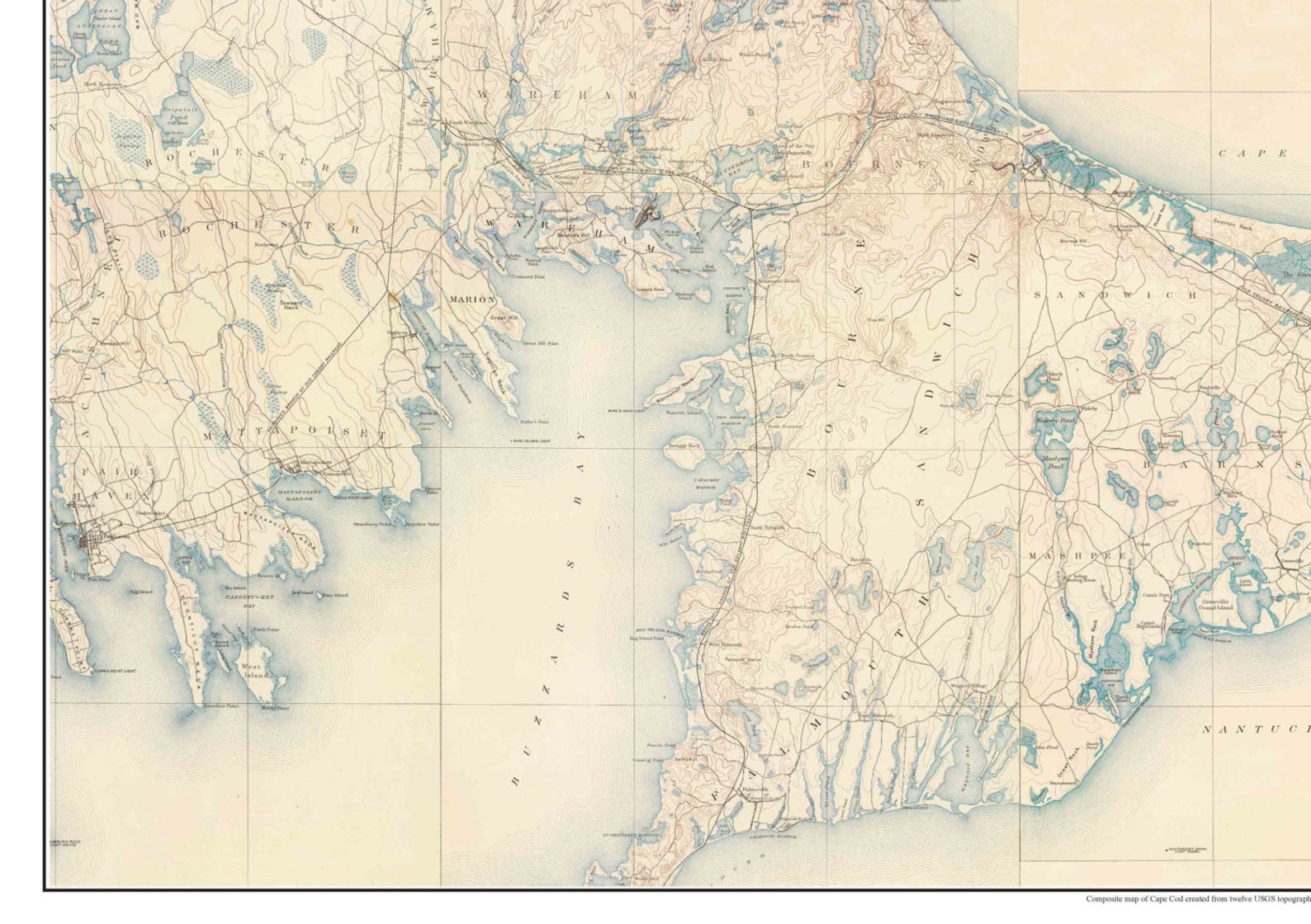 Cape Cod 1890 USGS Old Topographic Map WIDE Custom Composite of 12 USGS ...