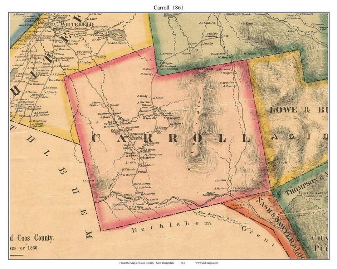 Carroll 1861 Old Town Map With Homeowner Names New Hampshire - Reprint ...