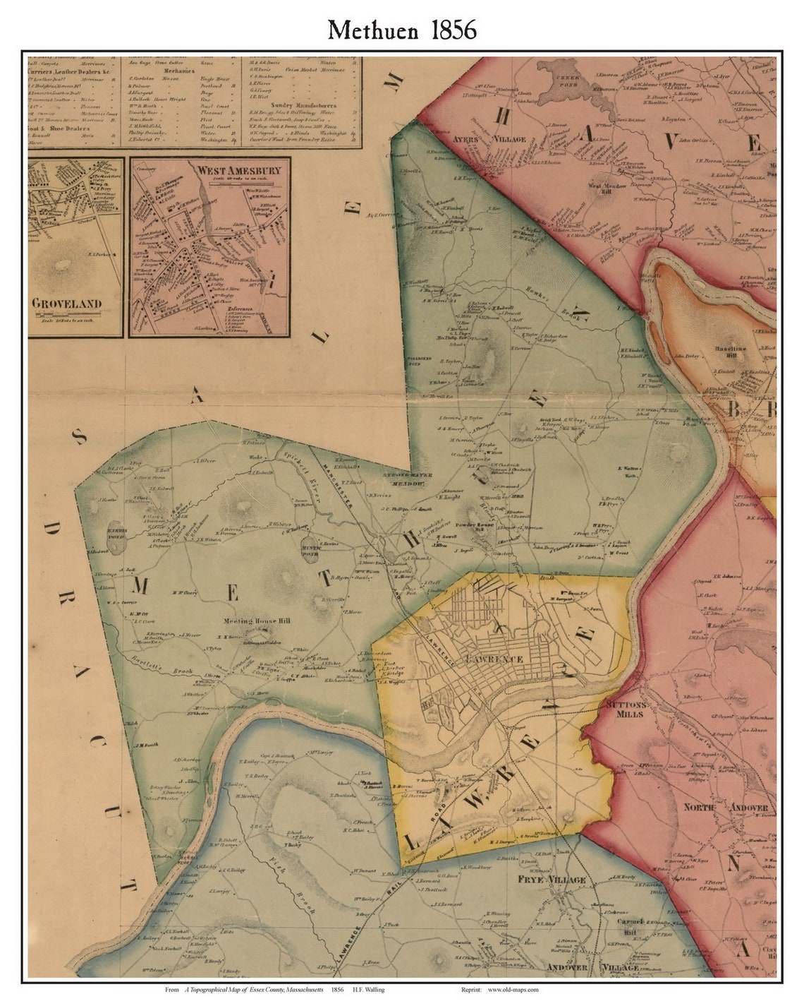 Methuen Massachusetts 1856 Old Town Map With Homeowner Names Reprint ...