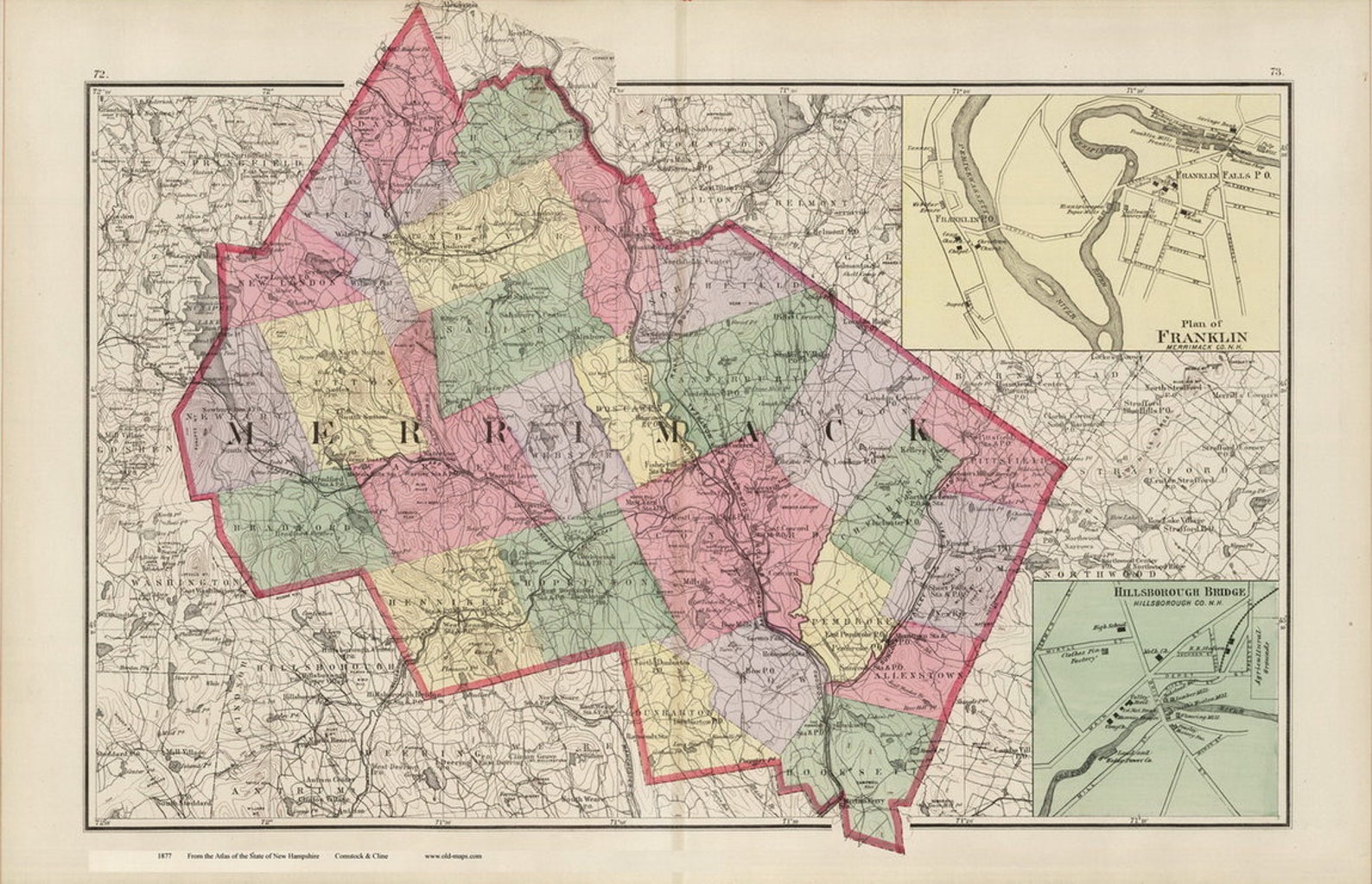 Merrimack County, NH 1877 Old Map Reprint With Topography, Town ...