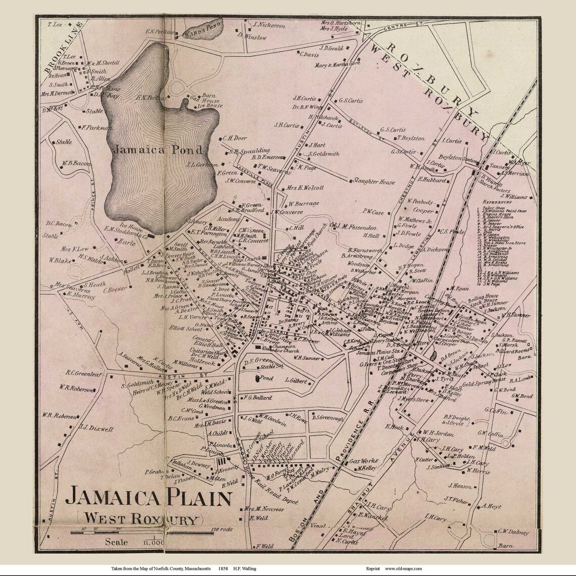 Jamaica Plain Massachusetts 1858 Old Town Map With Homeowner | Etsy