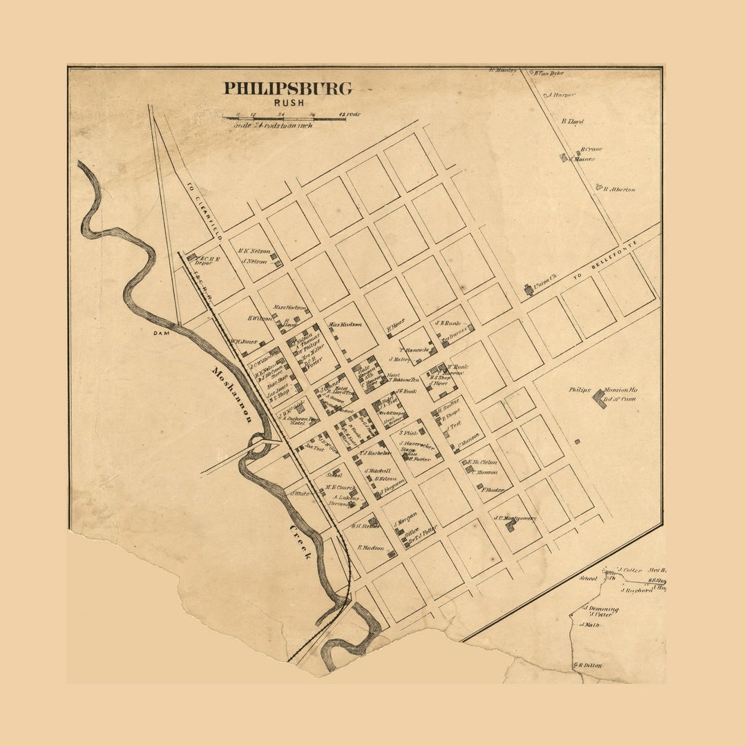 Philipsburg 1861 Old Town Map With Homeowner Names Rush - Pennsylvania ...