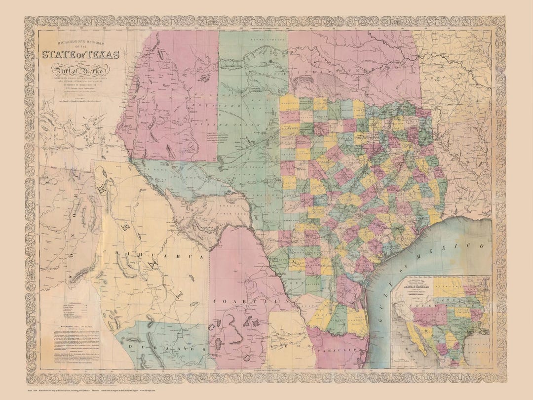 Texas - 1859 State Map - Desilver - Reprint - Etsy