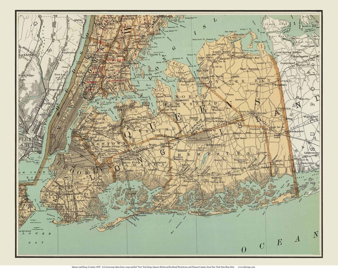 Queens and Kings Counties 1895 Map New York Custom Reprint Bien State ...