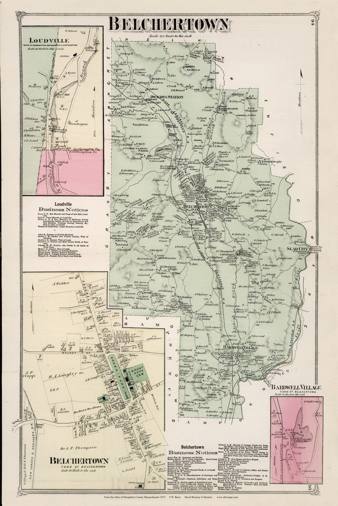 Belchertown 1873 - Old Town Map Reprint - Loudville, Bardwell Village ...