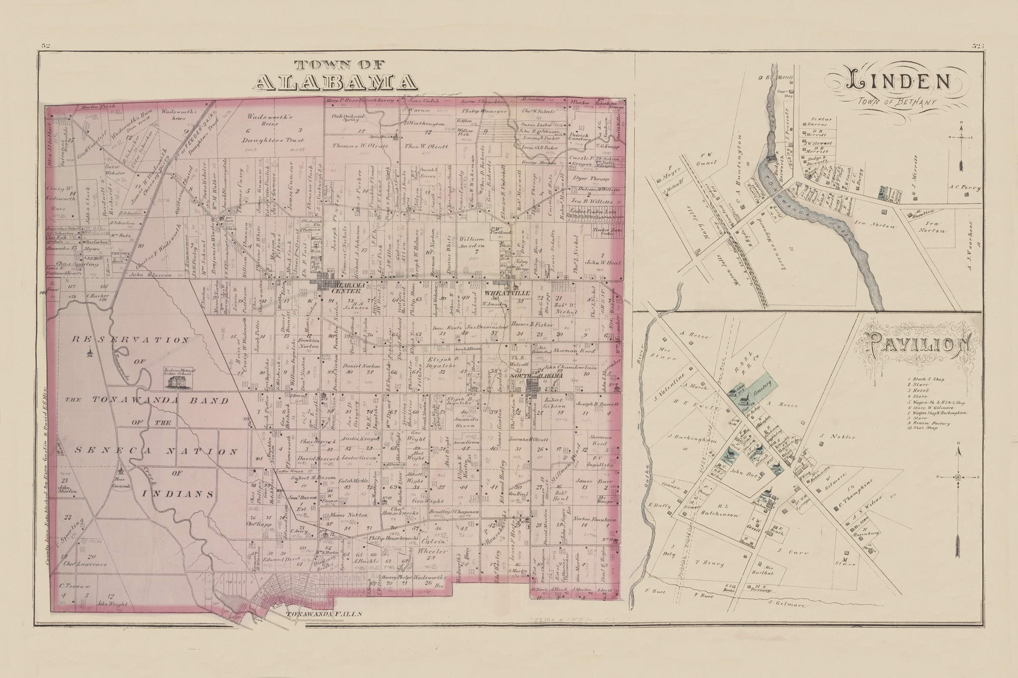 Alabama 1876 Old Town Map Reprint Linden, Pavilion Villages Genesee ...