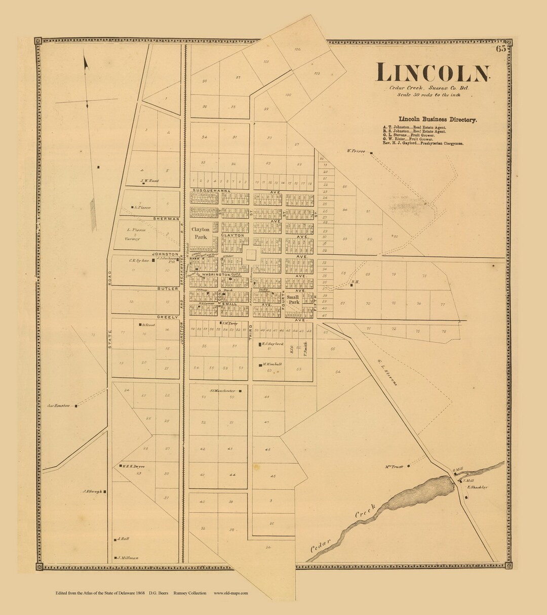 Lincoln Village Delaware 1868 Old Town Map With Homeowner Names ...