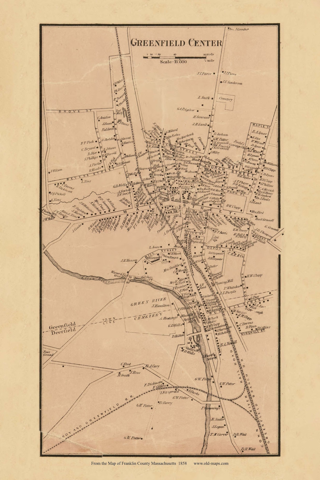 Greenfield Center 1858 Old Town Map With Homeowner Names -massachusetts ...