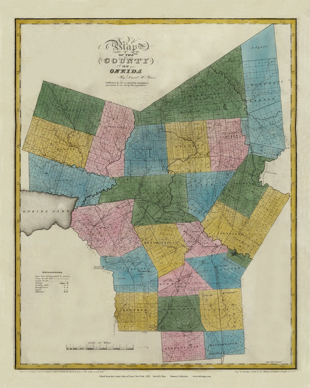 Oneida County 1829 Lot Lines Old Map Reprint Burr Atlas New York - Etsy
