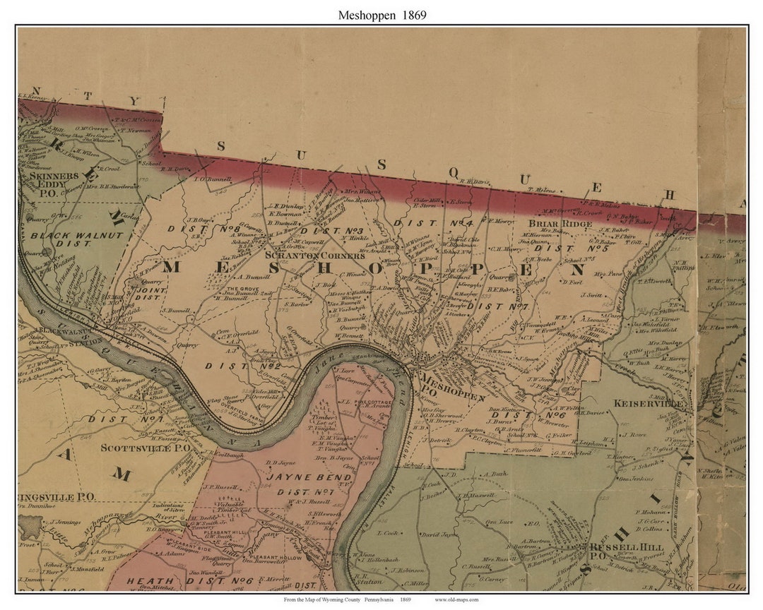 Meshoppen 1869 Old Map Homeowner Names Scranton Corners Briar Ridge ...