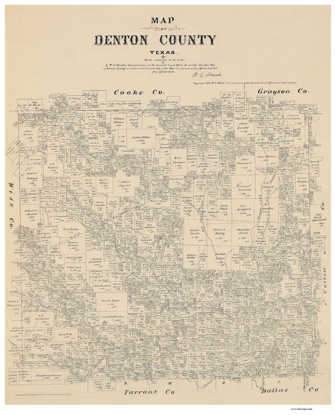 Denton County, Texas 1879 Old Wall Map Reprint With Land Owners Names ...