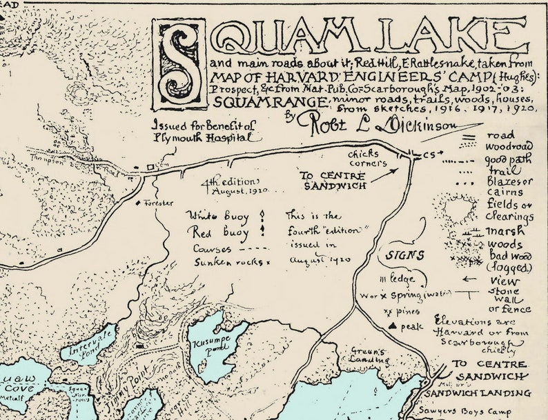 Squam Lake 1920 Map Colored Water SET of 4 Prints New - Etsy