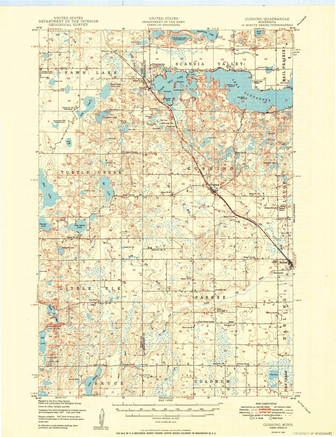 Cushing 1950 Old Topo Map - Lake Alexander - Quad Reprint - USGS ...