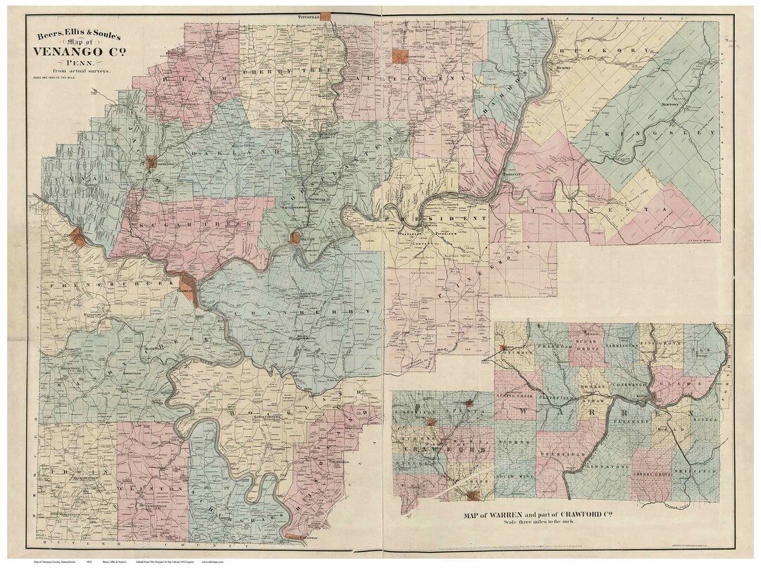 Venango County Pennsylvania Ca. 1865 - Wall Map With Homeowner Names ...