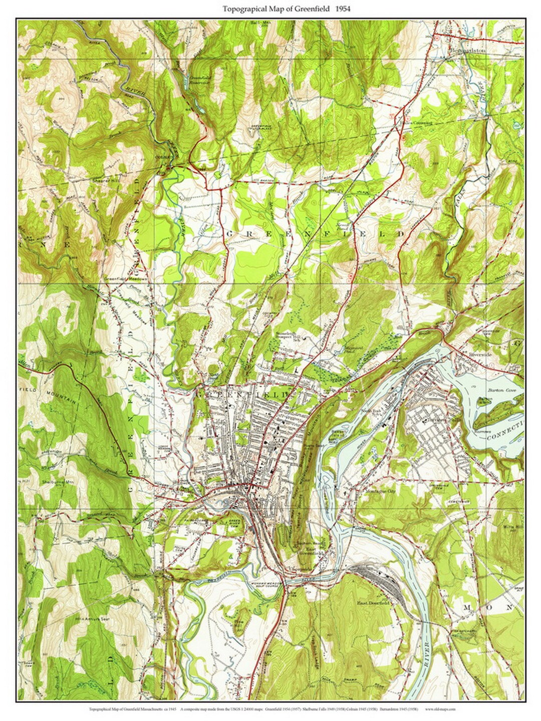 Greenfield Ca. 1954 Old Topo Map Custom USGS Reprint Massachusetts FRCO ...