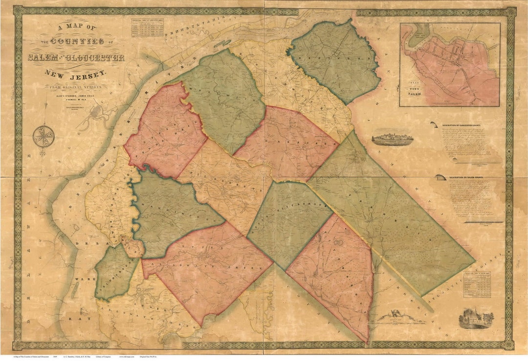 Salem County and Gloucester Counties New Jersey 1849 Old Wall Map ...
