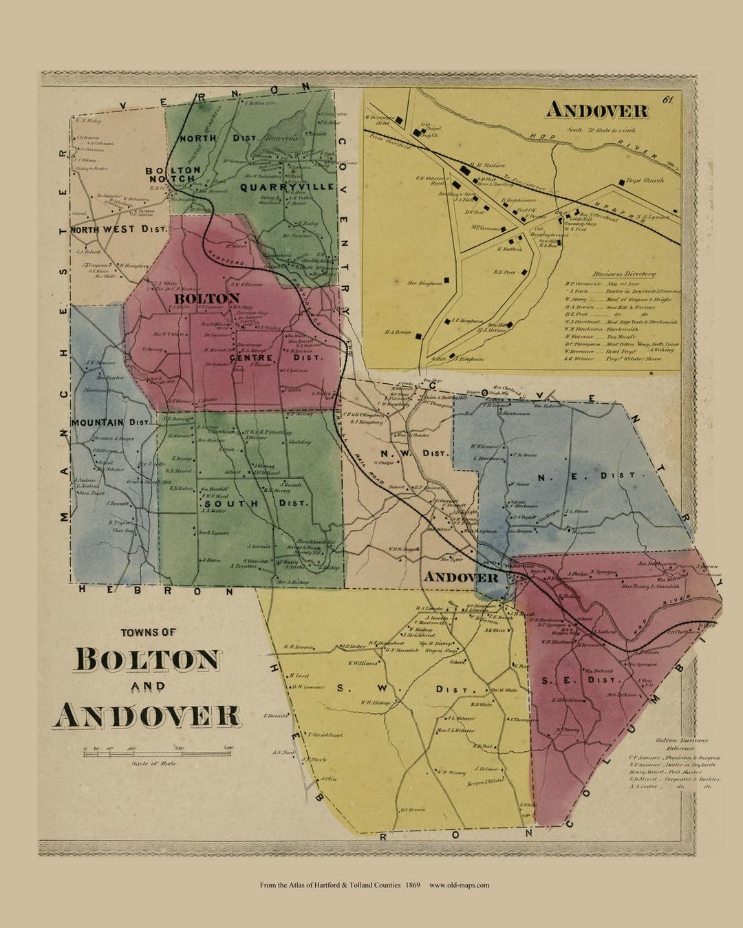 Bolton and Andover 1869 Old Town Map With Homeowner Names Connecticut ...