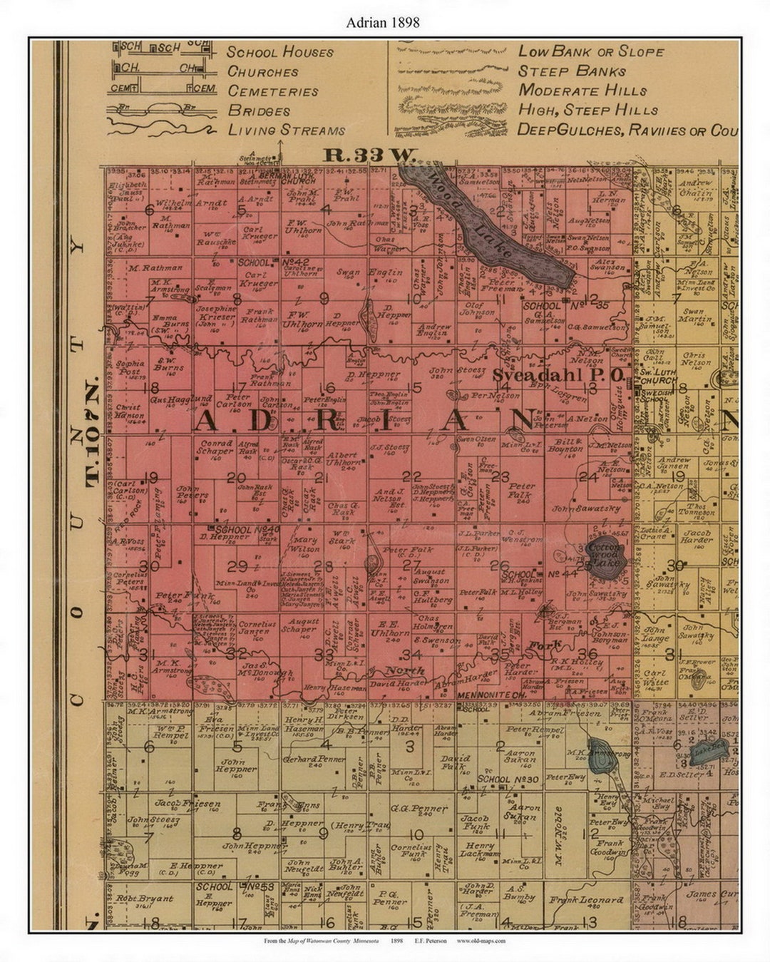 Adrian - 1898 - Old Town Map With Homeowner Names Minnesota - Sveadahl ...