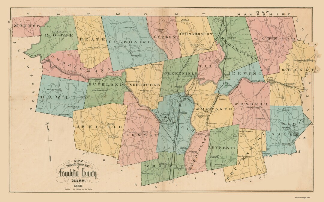 Franklin County Massachusetts 1885 Routes de conduite Ancienne ...